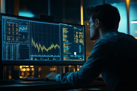 Stock Market Trader Analyzing Charts On Multiple Monitors At Night Premium AI Generated Image