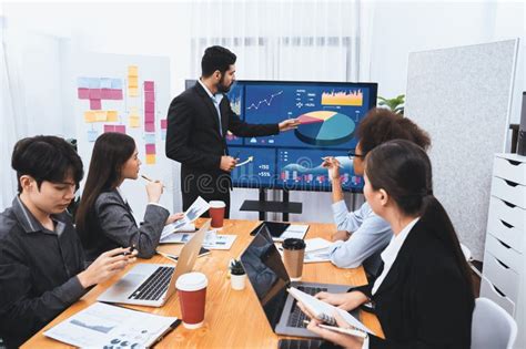 Businessman Presenting Data Analysis Dashboard On Tv At Meeting Room