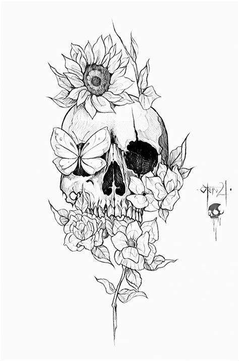 Skull And Flower Drawing