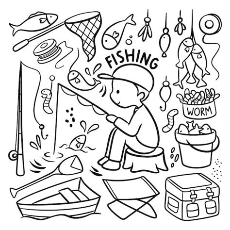 Set Of Hand Drawn Fishing Doodles Vector Element Premium Vector