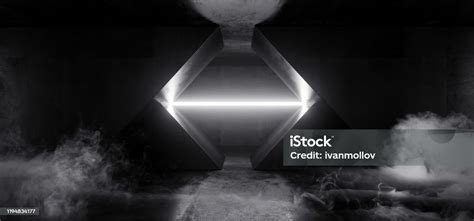 연기 안개 삼각형 외계인 콘크리트 그런지 공상 과학 소설 미래 빛나는 네온 레이저 빛 빈 공간 홀 차고 지하 3d 렌더링 0명에 대한 스톡 사진 및 기타 이미지 Istock