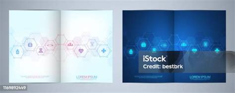 템플릿 브로셔 또는 표지 책 페이지 레이아웃 전단지 디자인 건강 관리 사업 혁신 의학 약국 기술에 대한 개념과 아이디어 평면