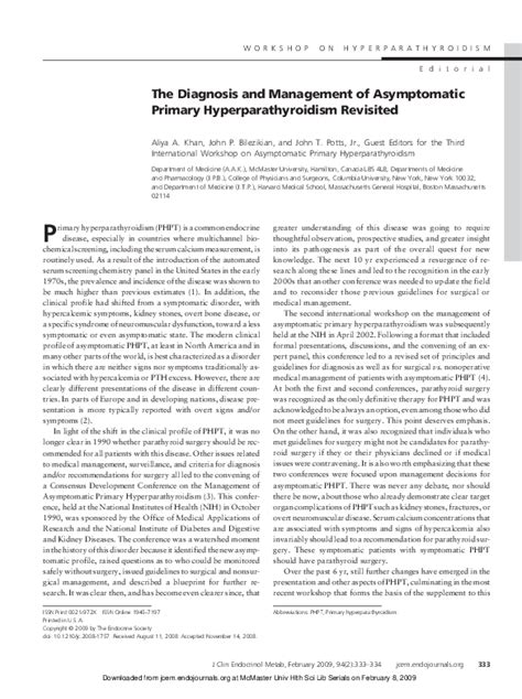 Pdf The Diagnosis And Management Of Asymptomatic Primary Hyperparathyroidism Revisited