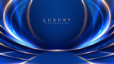 밝은 네온 효과 장식과 보케가 있는 금색 곡선 요소가 있는 빈 파란색 무대 배경 럭셔리 장면 디자인 컨셉 벡터 일러스트레이션 상에 대한 스톡 벡터 아트 및 기타 이미지