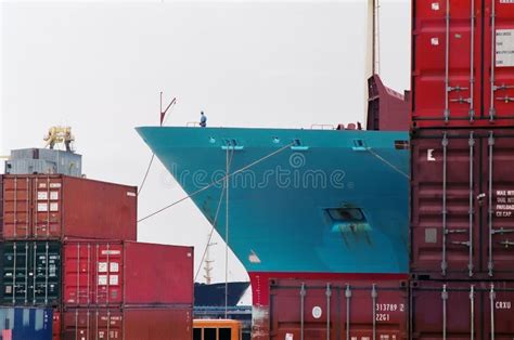loading and unloading of container ships at the port stock image