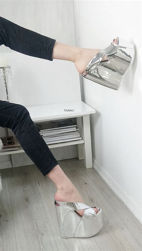 Silver Patent Mirror Platform Wedge Mules Tajna Club