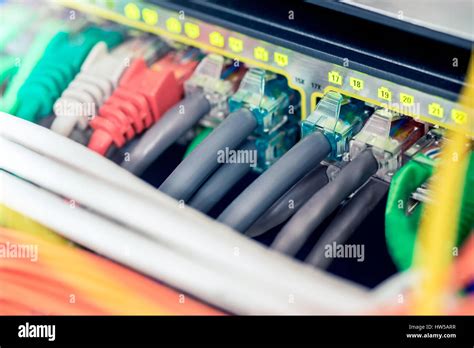 Network Ethernet Active Switch With Connected Colorful Cables Stock Photo Alamy