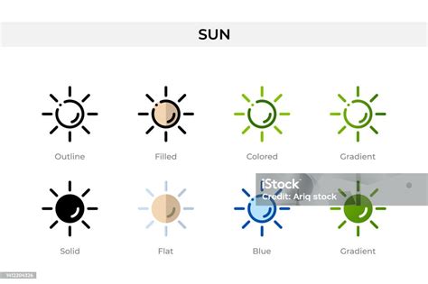 다른 스타일의 태양 아이콘 윤곽선 솔리드 컬러 필링 그라디언트 및 플랫 스타일로 디자인된 태양 벡터 아이콘입니다 기호 로고 일러스트레이션 벡터 일러스트 레이 션 검은색에