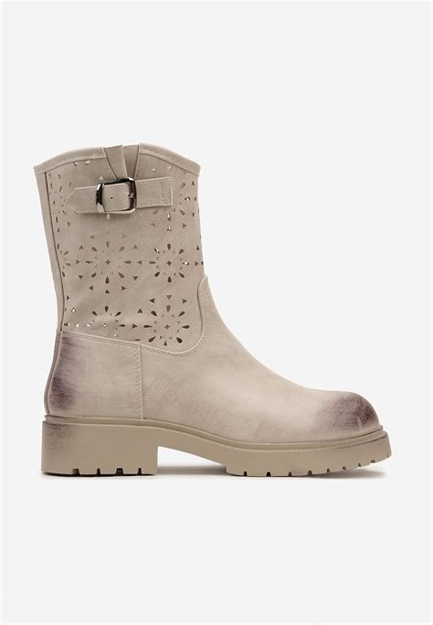 Beżowe Botki Ozdobione Ażurowymi Wycięciami I Paseczkiem Menral Renee