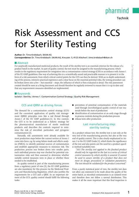 Pdf Risk Assessment And Ccs For Sterility Testing