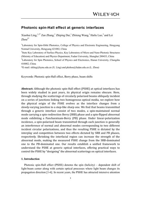 Pdf Photonic Spin Hall Effect At Generic Interfaces