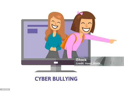 사이버 건지 러 웃으면서 컴퓨터 화면에서 가리키는 십 대 소녀입니다 개념 벡터 일러스트입니다 플랫 스타일입니다 흰색 배경에 고립