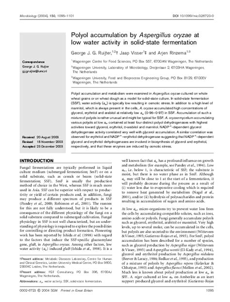 Pdf Polyol Accumulation By Aspergillus Oryzae At Low Water Activity