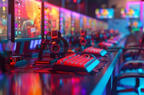 A Computer Game Room With Many Computers And Keyboards With Generative