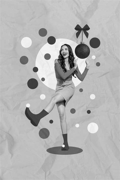 Imagen De Collage Vertical De Una Animada Excitada Muchacha Color Blanco Negro Bailando