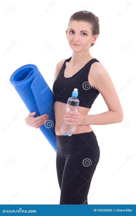 Concetto Di Sport Bella Donna Sportiva Esile Con La Stuoia E Il Wat Di Yoga Immagine Stock