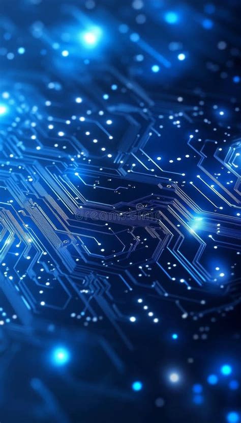 Abstract Blue Digital Electronic Circuit Board Glowing Lines And Dots