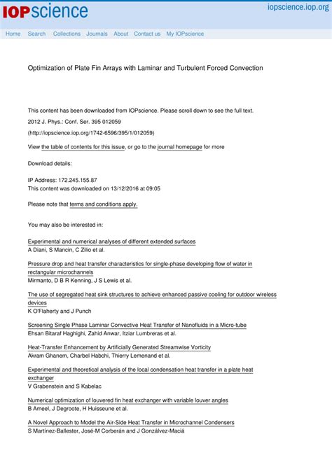 Pdf Optimization Of Plate Fin Arrays With Laminar And Turbulent Forced Convection