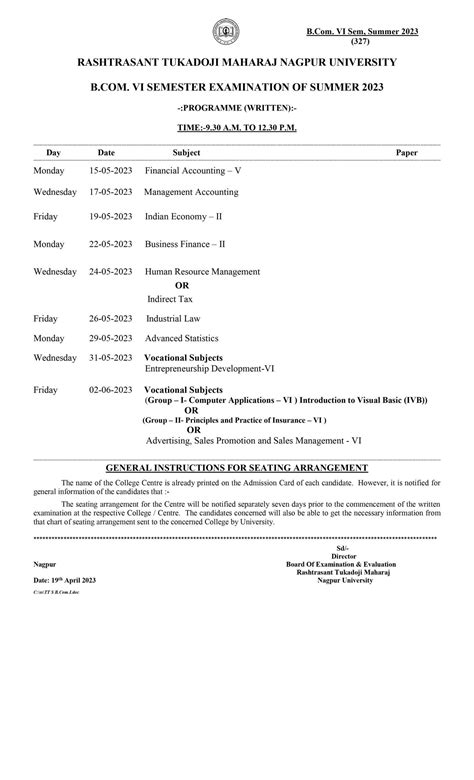 Rtmnu Bcom Ba Time Table Summer 2023