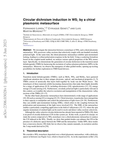 Pdf Circular Dichroism Induction In Ws2 By A Chiral Plasmonic Metasurface