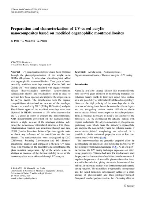 Pdf Preparation And Characterization Of Uv Cured Acrylic Nanocomposites Based On Modified