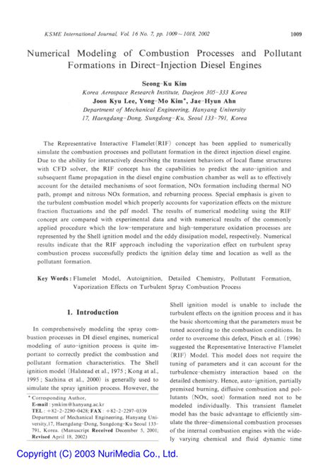 Pdf Numerical Modeling Of Combustion Processes And Pollutants Formation In Direct Injection