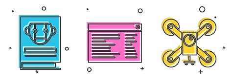 사용자 설명서 소프트웨어 웹 개발자 프로그래밍 코드 및 액션 카메라 아이콘으로 비행하는 드론을 설정합니다 벡터 Html에 대한