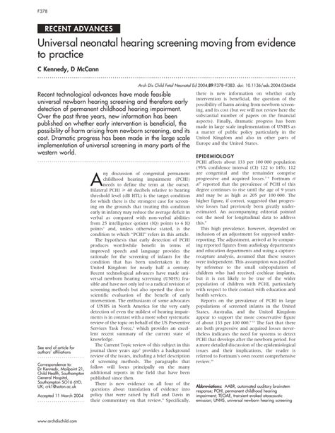 Pdf Universal Neonatal Hearing Screening Moving From Evidence To Practice