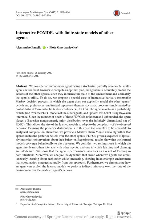 Interactive Pomdps With Finite State Models Of Other Agents Request Pdf