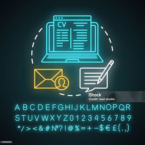 Cv 네온 라이트 컨셉 아이콘을 작성합니다 이력서 커리큘럼 Vitae 입사 지원서 및 이력서 보내기 등록 등록 아이디어 빛나는 알파벳 숫자 와 기호 벡터 절연 그림 네온에