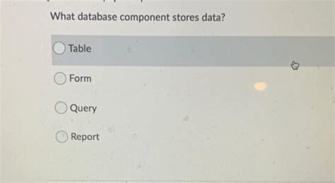 Solved What Database Component Stores Data Table Form Query Chegg Com