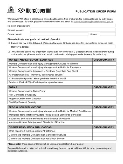 Fillable Online Order Form For Workcover Wa Publications Fax Email