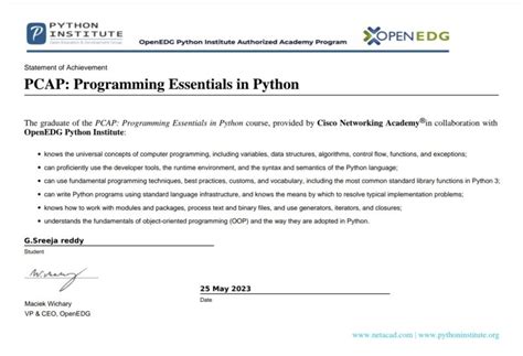 Earned Cisco Certificate In Python Programming Gangula Sreeja Reddy
