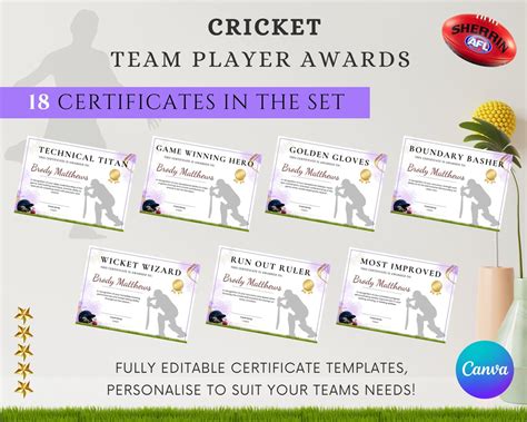 Cricket Team Player Award Certificates Editable Template Digital