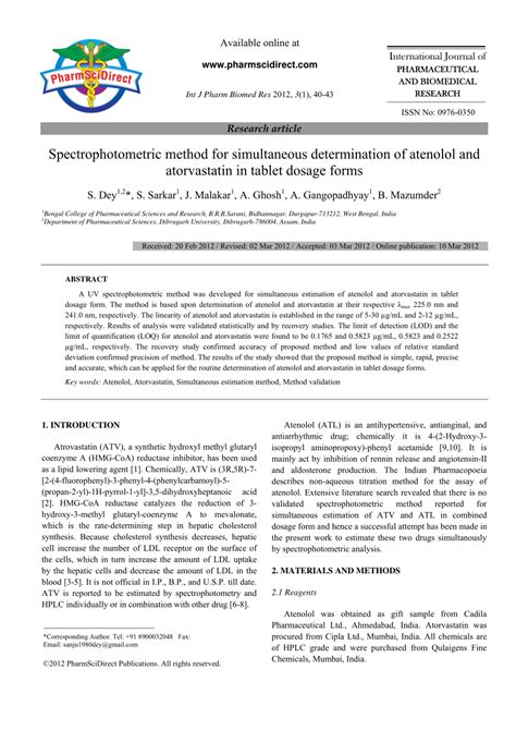 Pdf Spectrophotometric Method For Simultaneous Determination Of Atenolol And Atorvastatin In