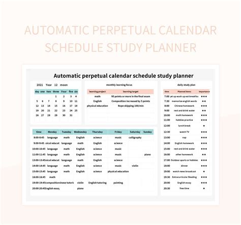 Automatic Perpetual Calendar Schedule Study Planner Excel Template And Google Sheets File For ...