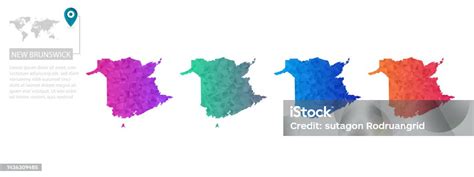 벡터 다각형 뉴브런즈윅 지도 세트 낮은 폴리 스타일의 국가의 밝은 그라데이션 지도 인포그래픽을 위한 기하학적 스타일의 여러 가지