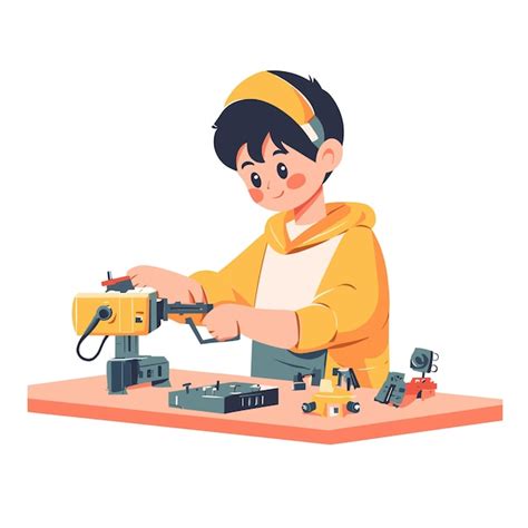 A Boy Building A Robot From A Kit On The Table Premium Ai Generated