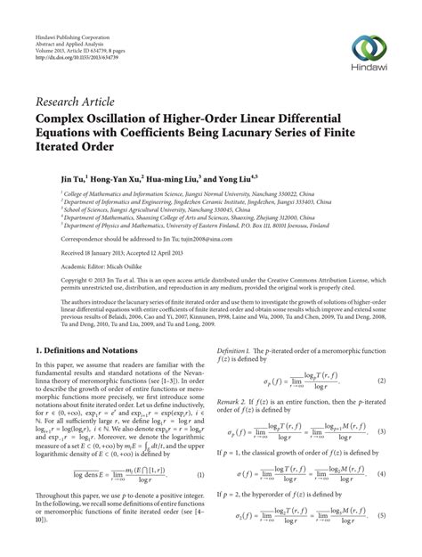 Pdf Complex Oscillation Of Higher Order Linear Differential Equations With Coefficients Being