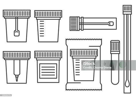 실험실 테스트 컨테이너 뚜껑이 있는 플라스틱 항아리에 소변 생체 재료 대변 정액 및 혈액을 검사합니다 윤곽선 벡터 그림 건강 검진에 대한 스톡 벡터 아트 및 기타 이미지
