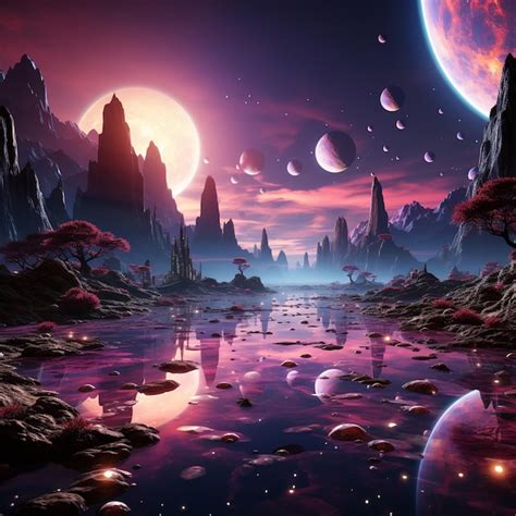 Premium Photo A Brightly Lit Landscape Of A Planet With A Lake And