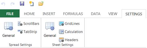 spreadjs designer and the settings tab
