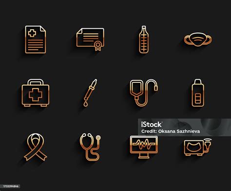 라인 인식 리본 청진기 환자 기록 심전도가 있는 모니터 초음파 피펫 디지털 온도계 및 Iv 가방 아이콘을 설정합니다 벡터 리본상에 대한 스톡 벡터 아트 및 기타 이미지