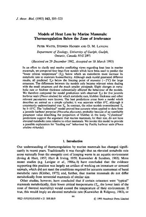 Pdf Models Of Heat Loss By Marine Mammals Thermoregulation Below The Zone Of Irrelevance