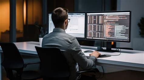 Premium Ai Image A Man Of Developers Monitors Showing Lines Of Code