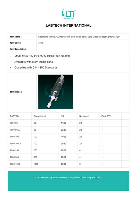 7050 Separating Funnel Cylindrical With Stem Inside Cone Solid Glass