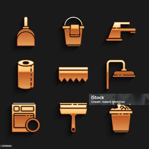 거품이 있는 스폰지 창문용 고무 클리너 양동이 비누 거품 샤워 헤드 주방 식기 세척기 종이 타월 롤 수도꼭지 및 쓰레받기 아이콘 벡터 가정 생활에 대한 스톡 벡터 아트 및