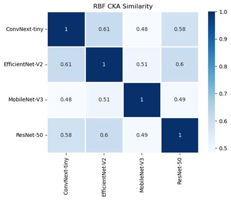 confusion matrix showing the rbf cka similarity score between the