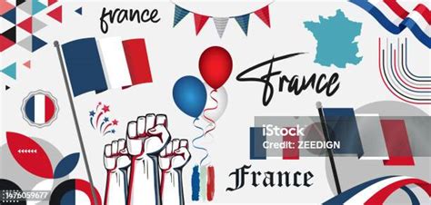 프랑스 국경일 배너 디자인 컬렉션 세트 프랑스 국기 테마 그래픽 아트 배경입니다 추상 축 하 장식 아이콘 빨간색 흰색 파란색 색상입니다 프랑스 지도 리본 배지 주먹 풍선