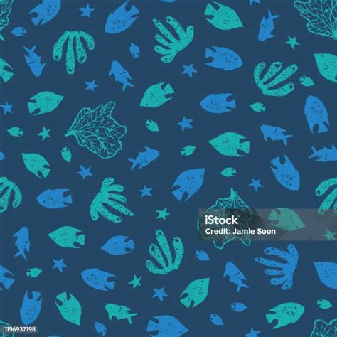 벡터 진한 파란색 산호초 물고기 펜 스케치 반복 패턴입니다 직물 스크랩북 및 벽지 프로젝트에 적합합니다 개체 그룹에 대한 스톡